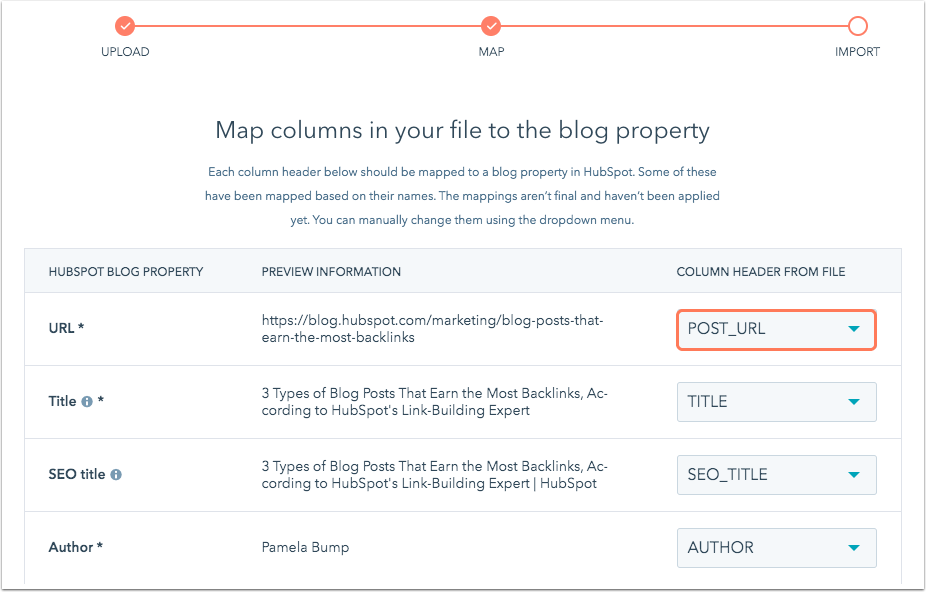 Import your blog into HubSpot as a CSV file