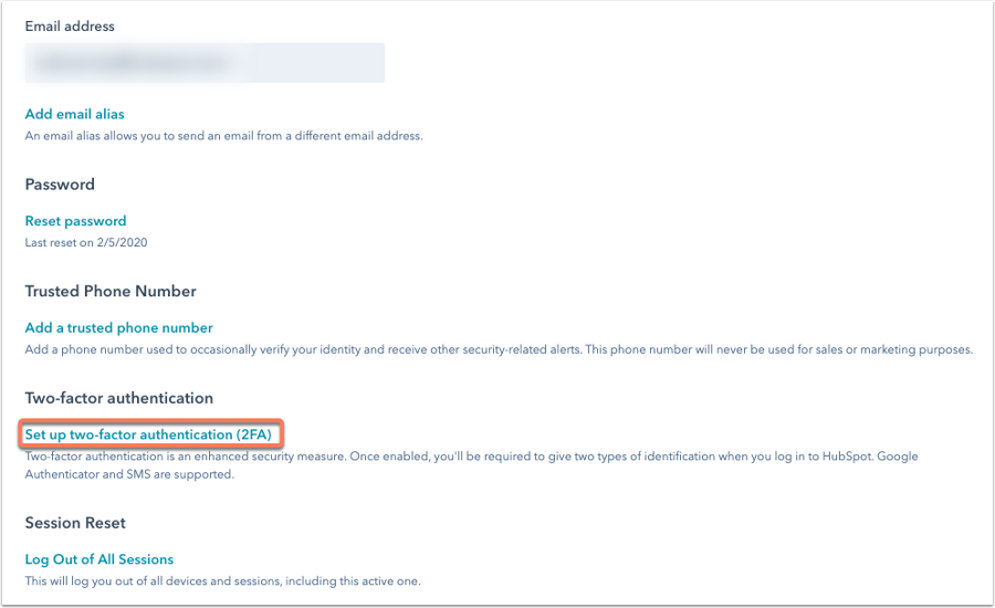 Set up two-factor authentication for your HubSpot login