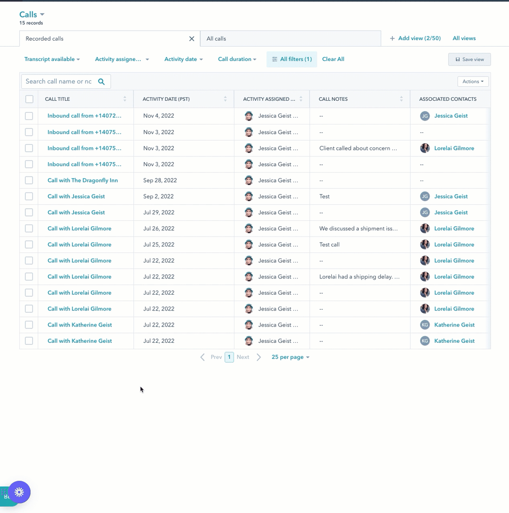 Review calls in the call index