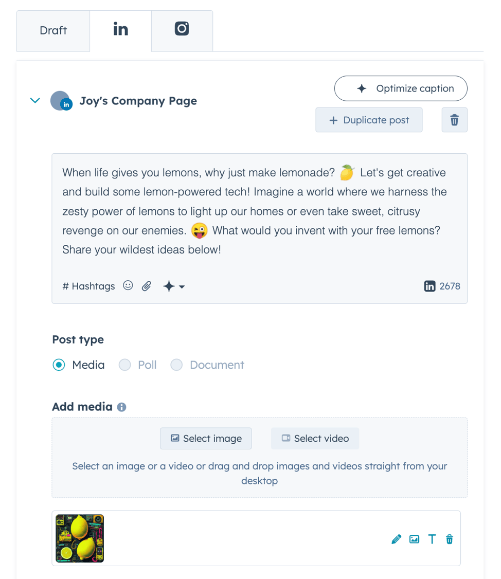 Create and publish LinkedIn social posts