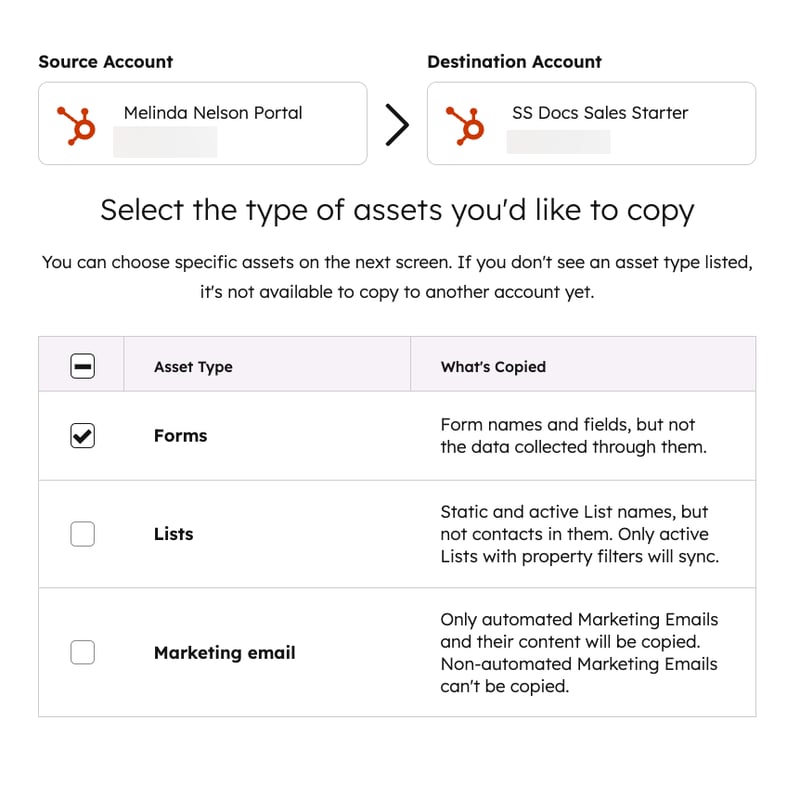 Copy assets to another HubSpot account with multi-account management