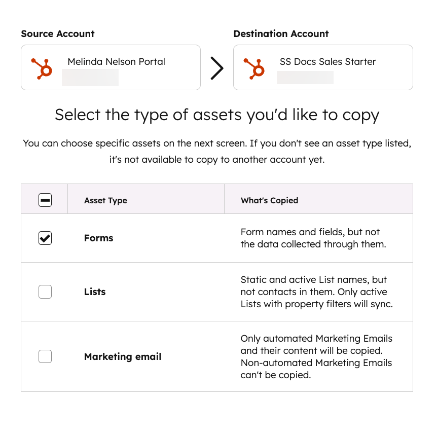 Copy assets to another HubSpot account with multi-account management