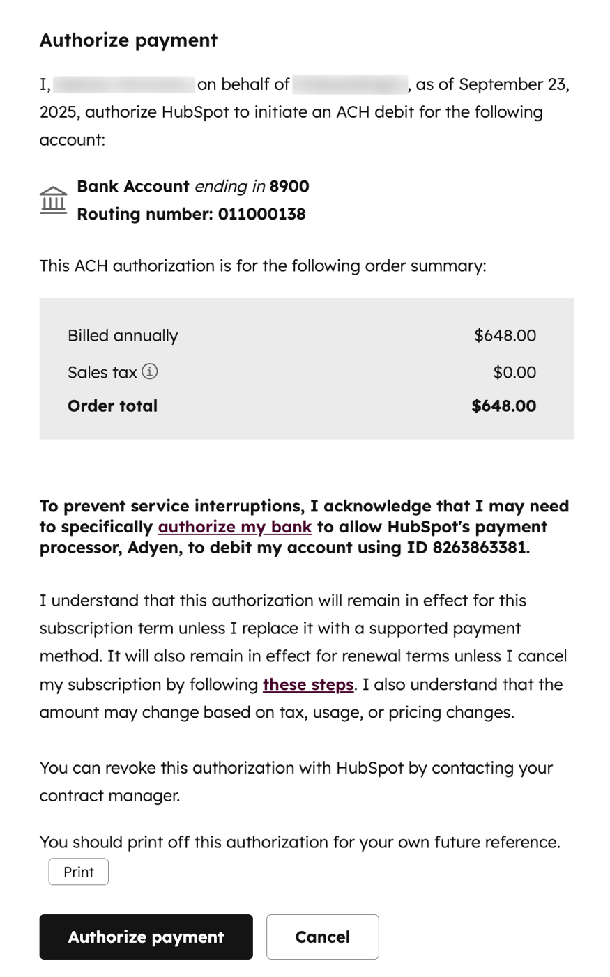 Pay for HubSpot using ACH