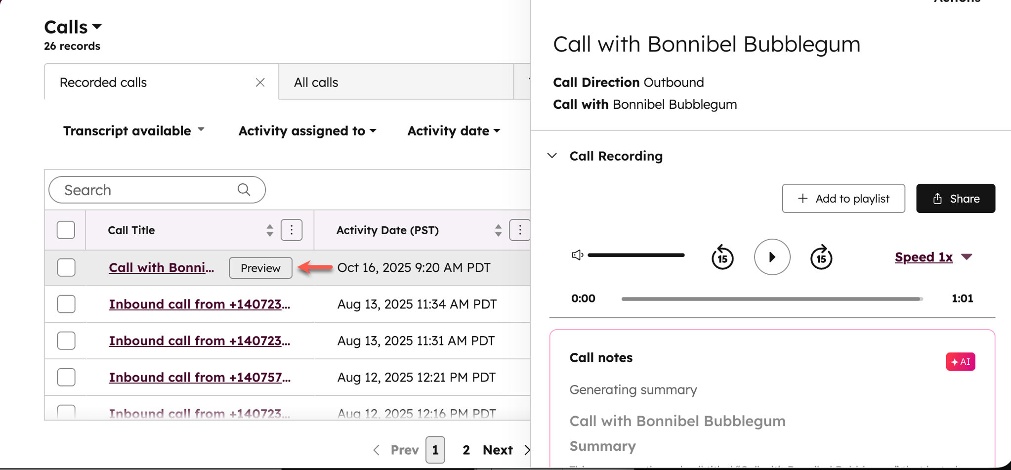 Review calls in the call index