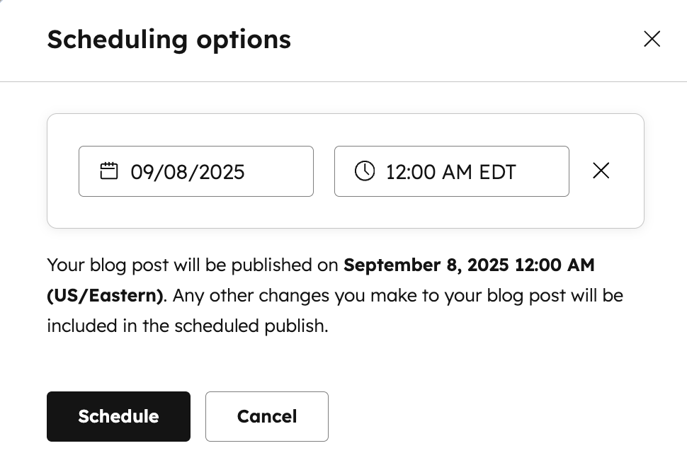 Set a blog post's publish date and time