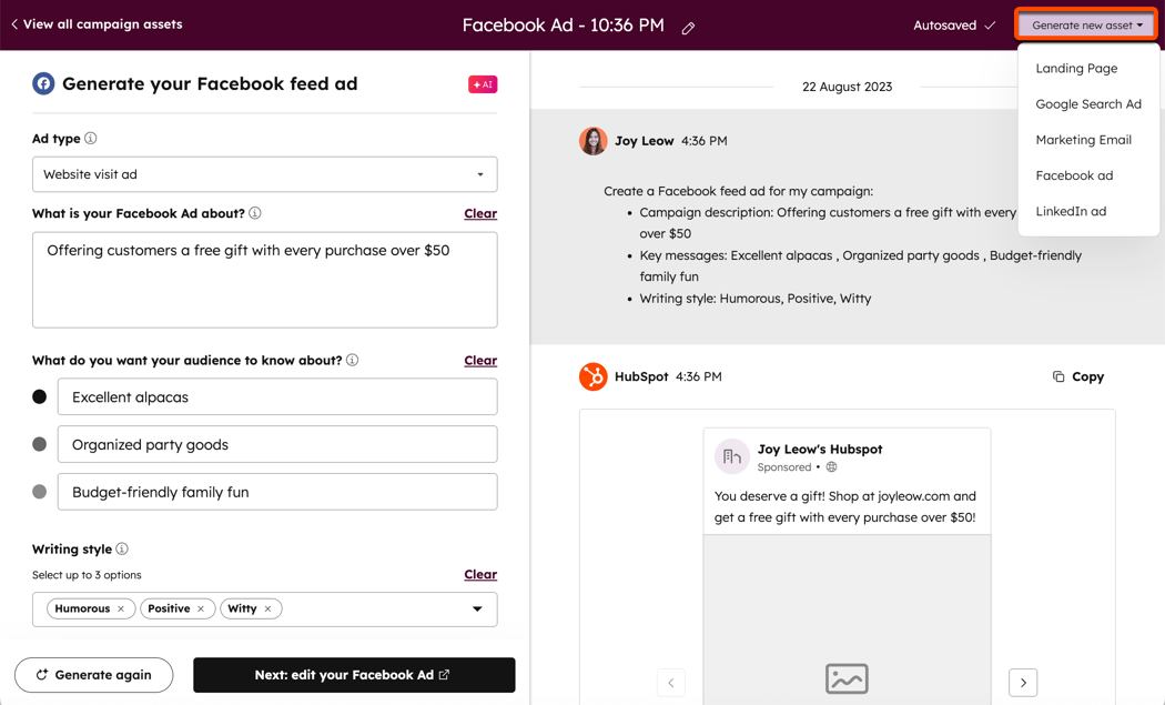 Create assets with campaign assistant
