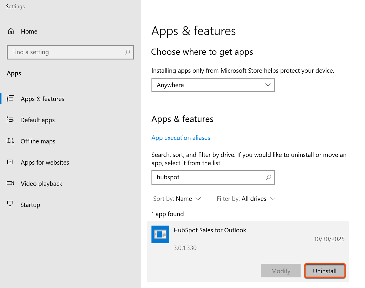 Uninstall the HubSpot Sales email extension