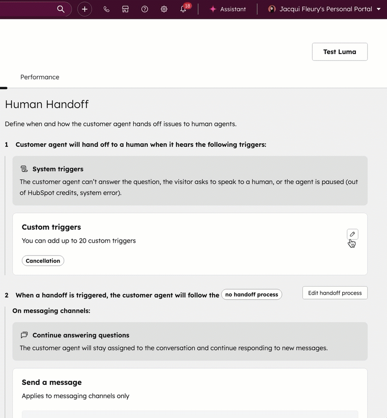 Set up and customize the customer agent's handoff process