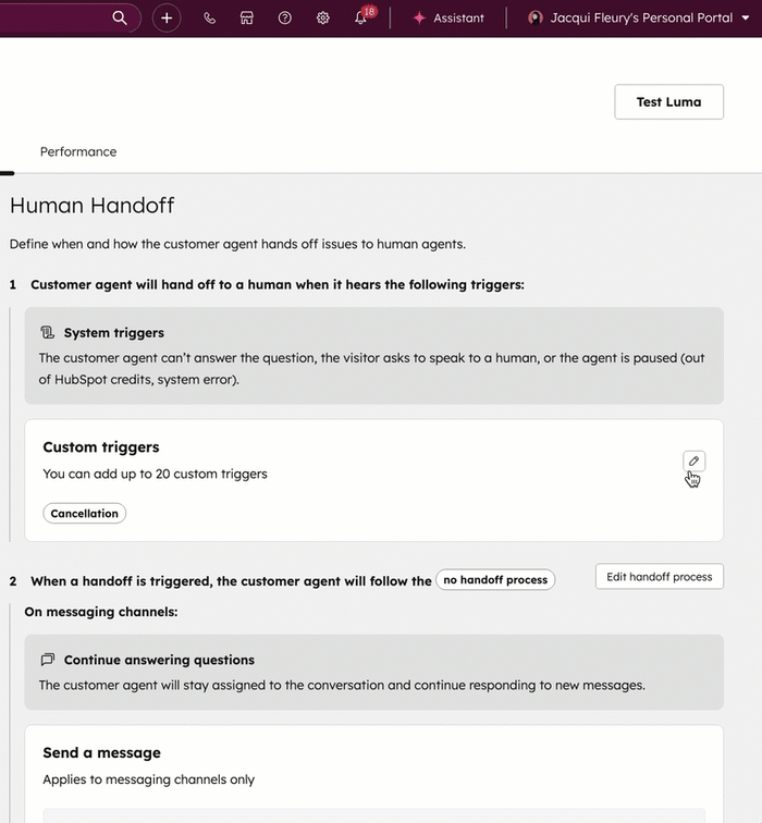 Set up and customize the customer agent's handoff process