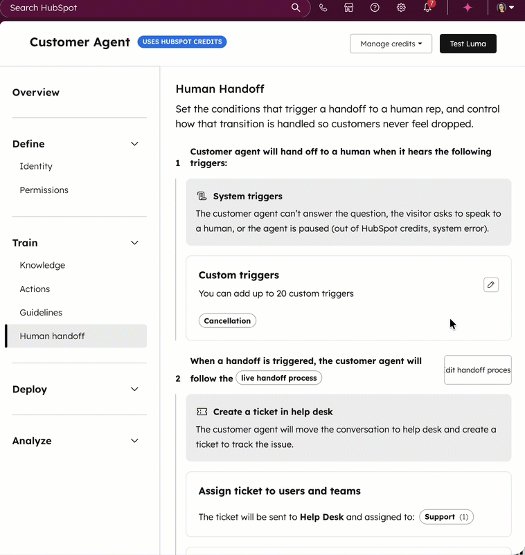Set up and customize the customer agent's handoff process