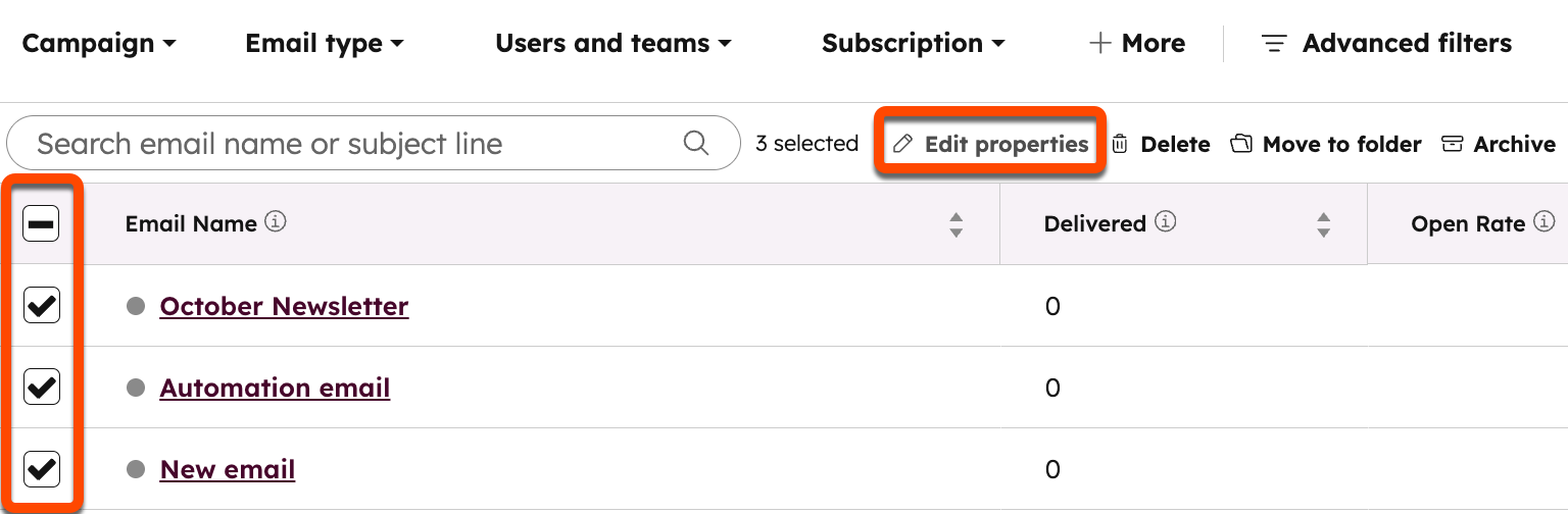 Organize marketing emails with custom email properties