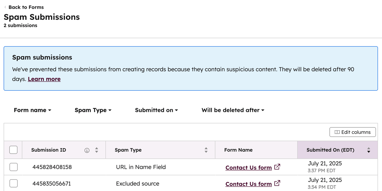 Manage spam form submissions on the spam submissions index page