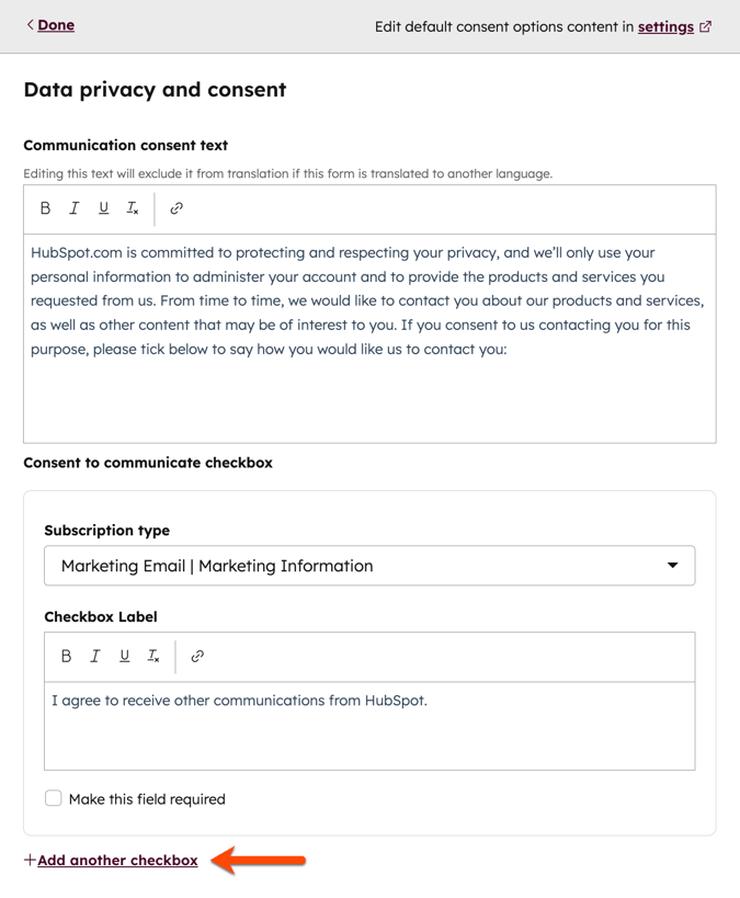 Add data privacy and consent information to your HubSpot form (legacy)