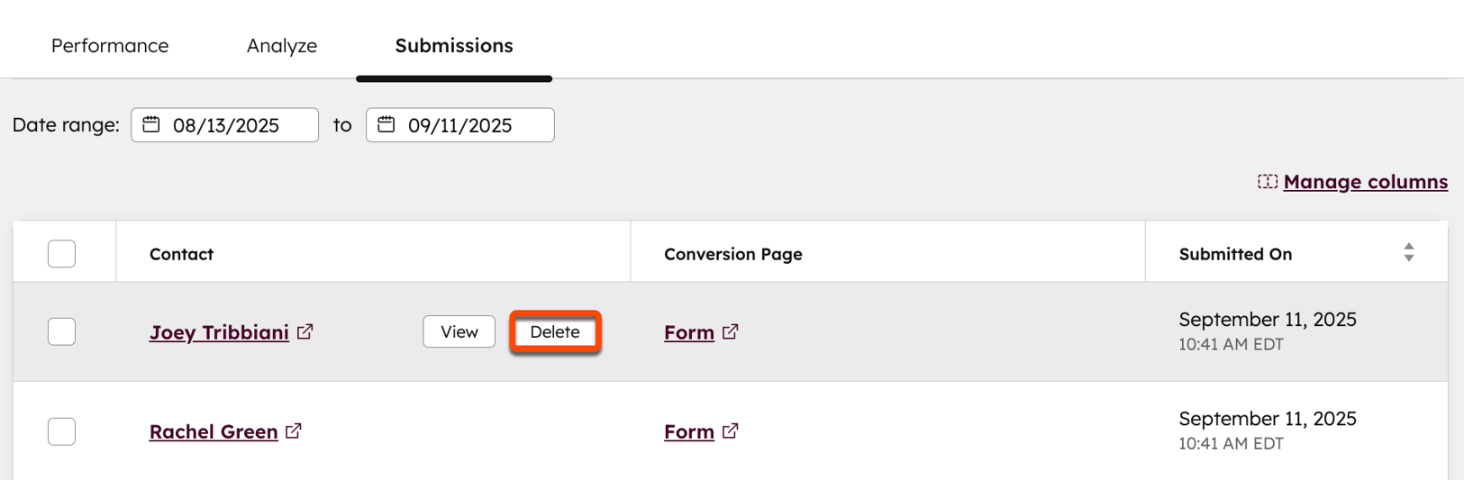 Delete form submissions