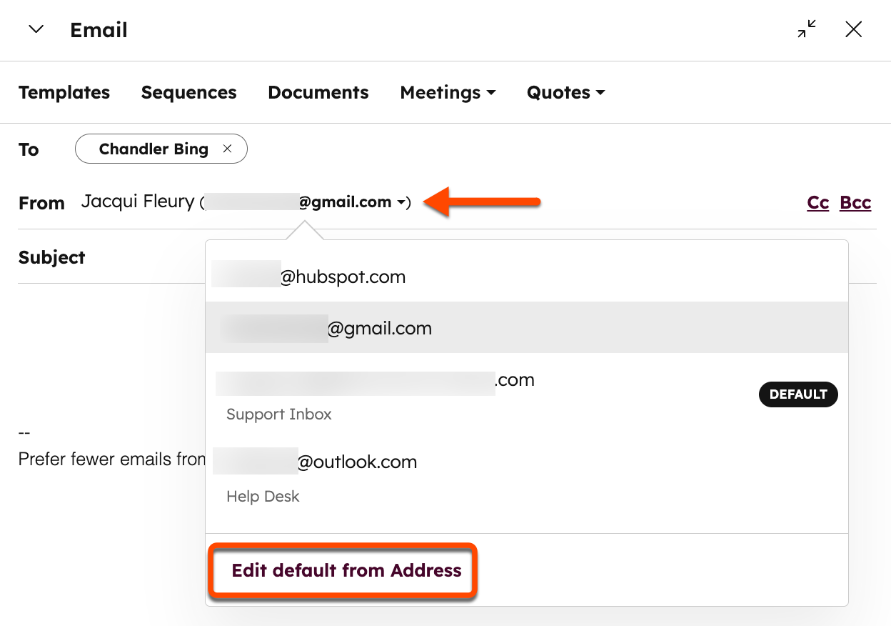 Edit the default address to send one-to-one emails from