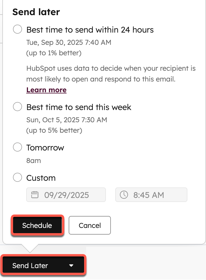 Schedule a one-to-one email from the CRM