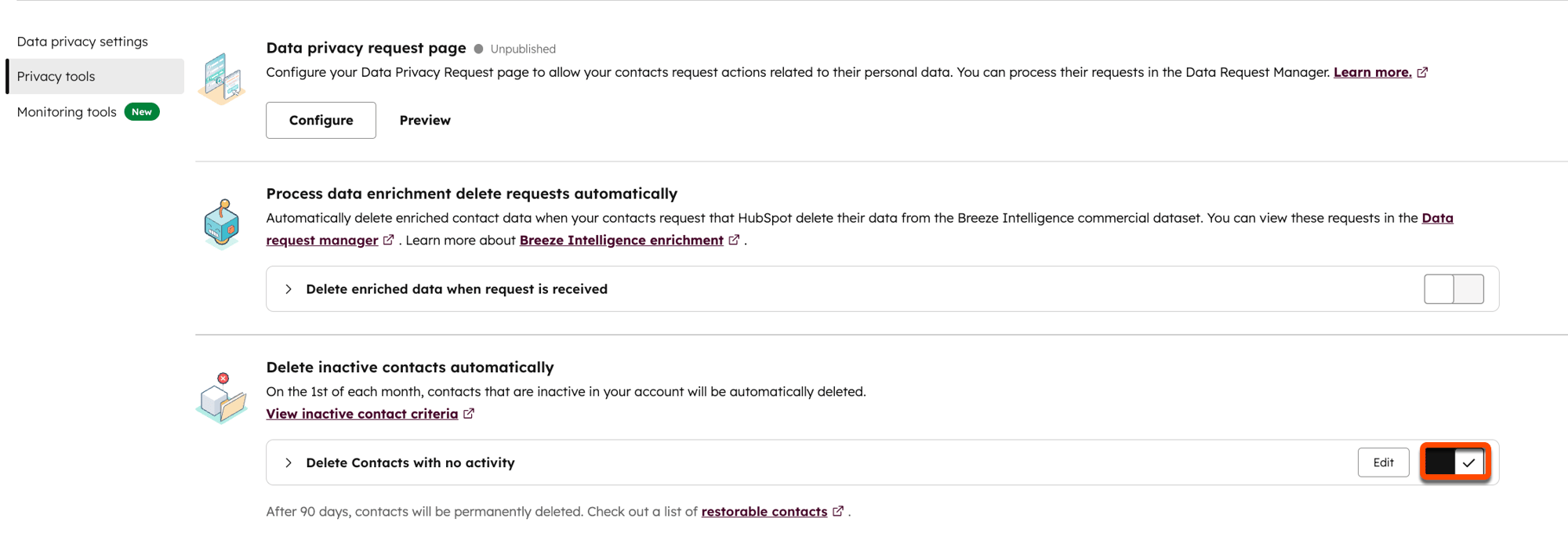 Manage data retention policy settings for inactive contacts