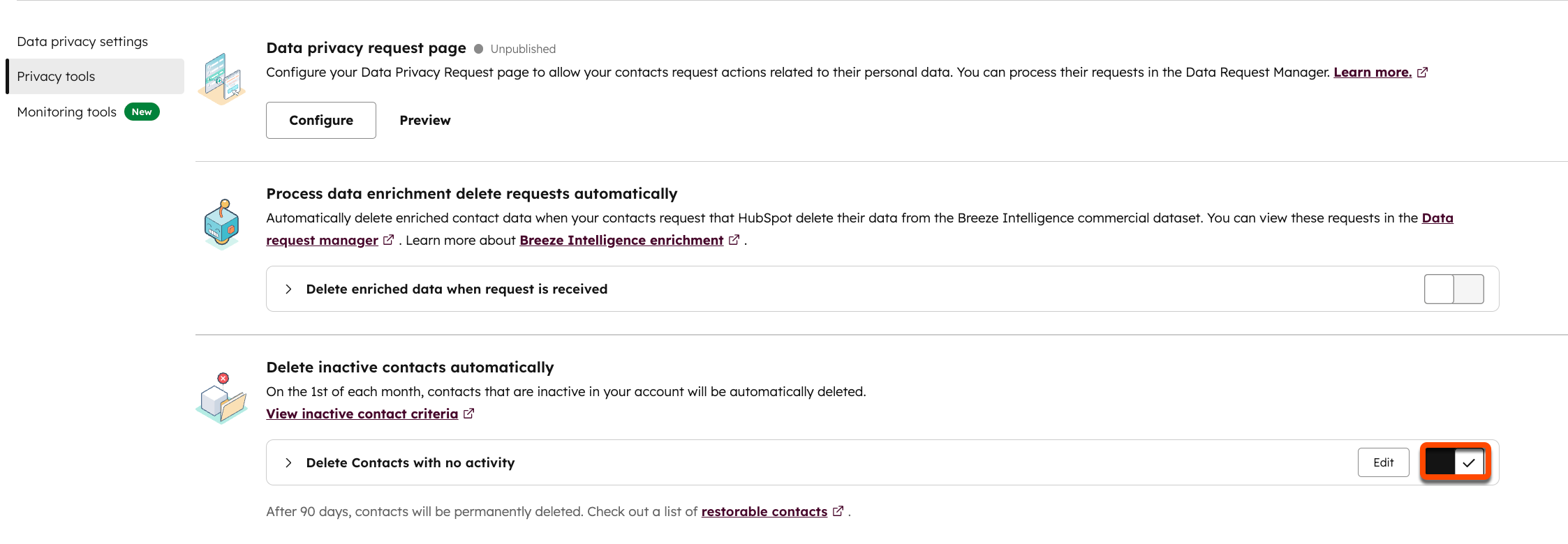 Manage data retention policy settings for inactive contacts