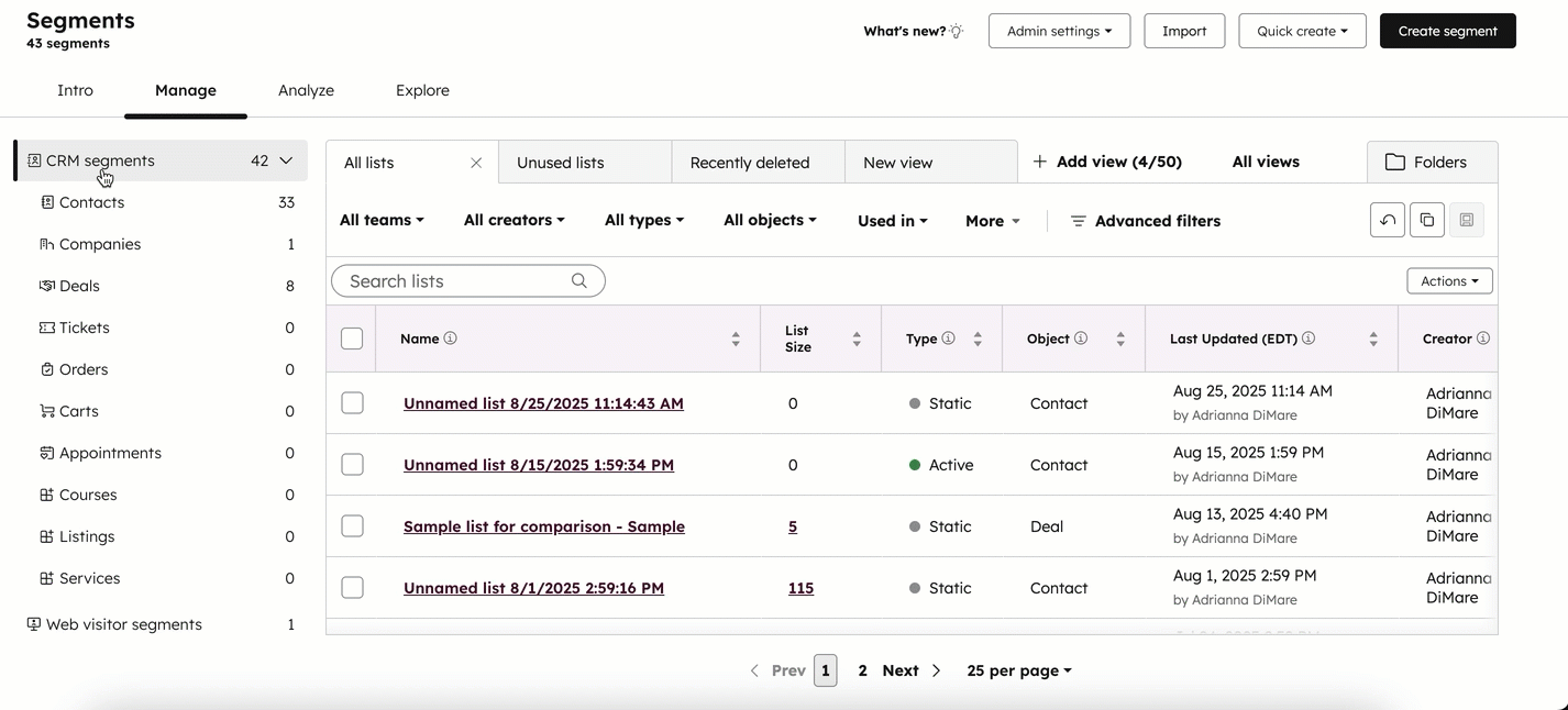 Filter segments and manage segment views