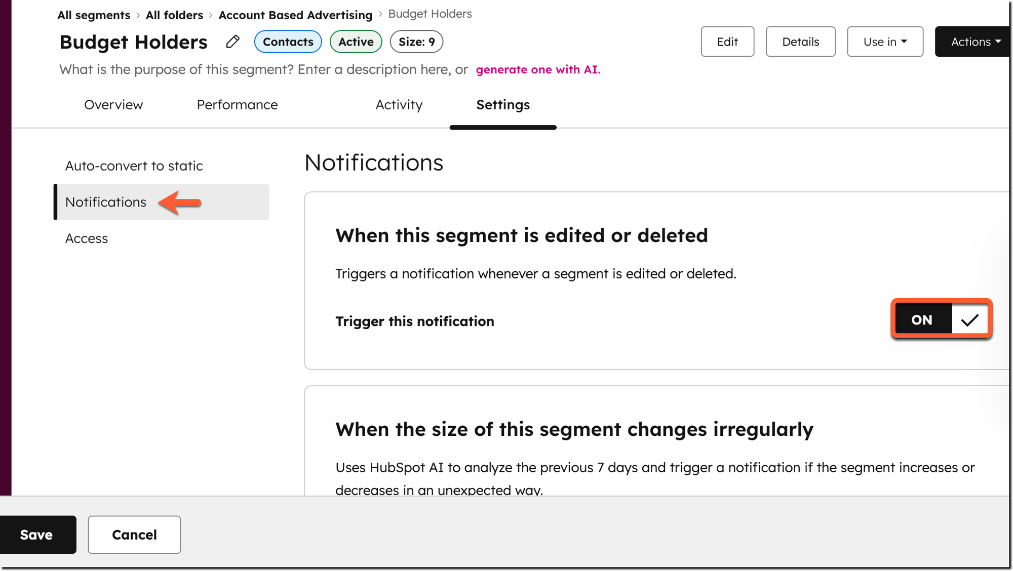Ajuste de las notificaciones de segmentos