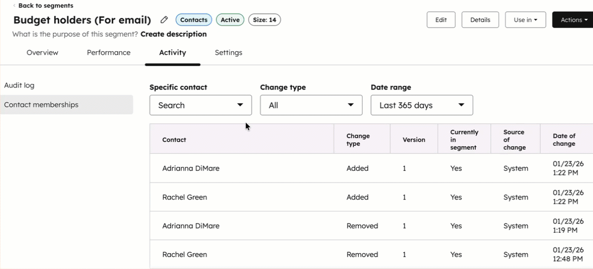 Review segment membership history