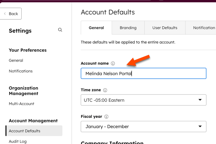 Update your account name and company information