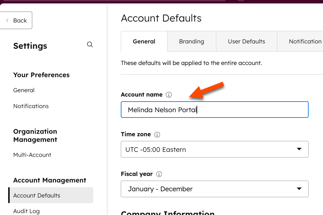 Update your account name and company information