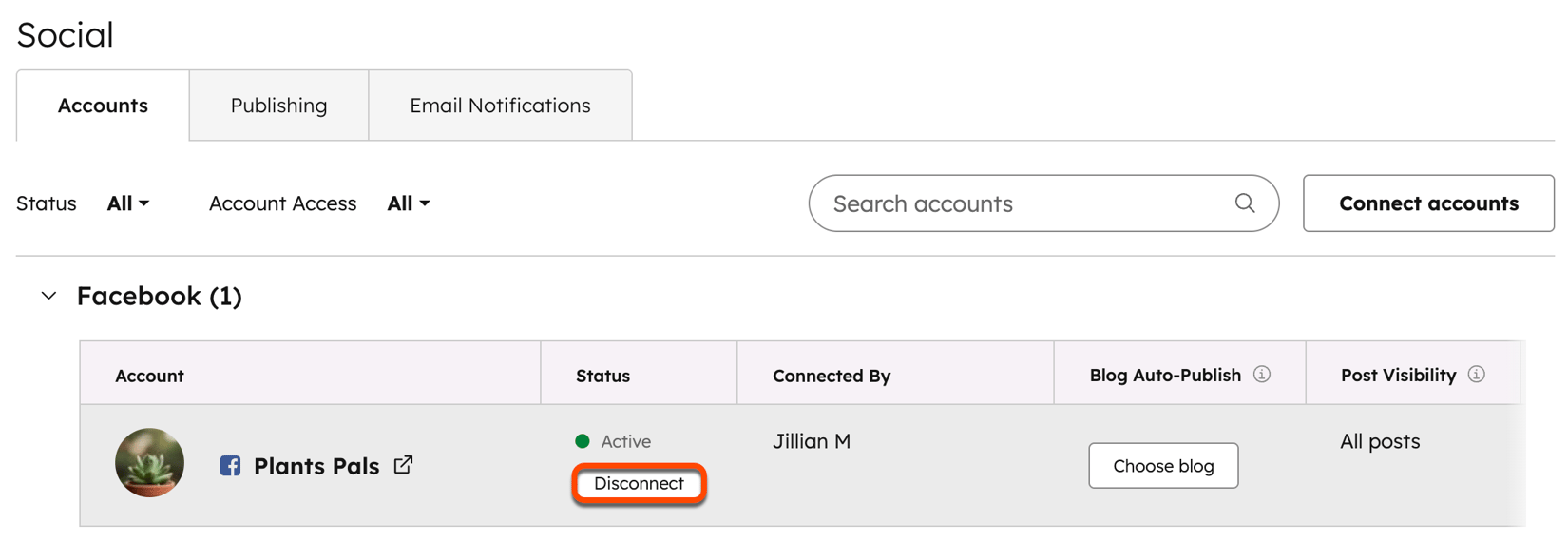 Reauthorize or disconnect social accounts from HubSpot