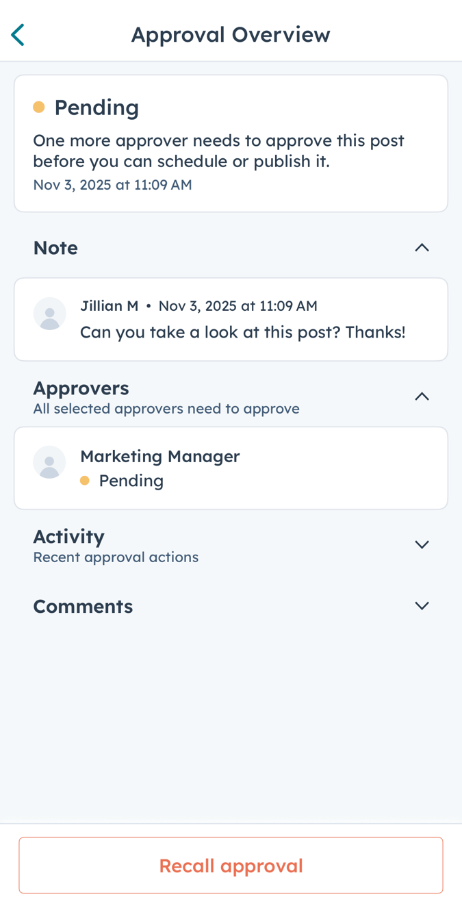Request approval to publish a social media post