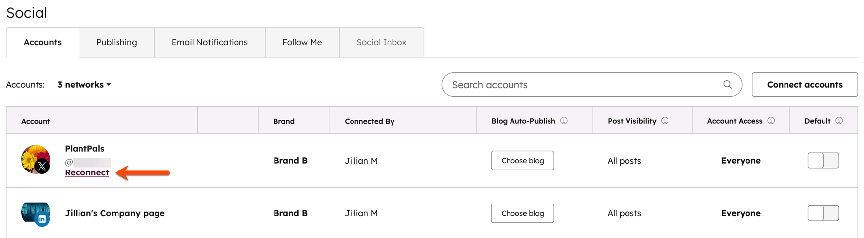 Reauthorize or disconnect social accounts from HubSpot