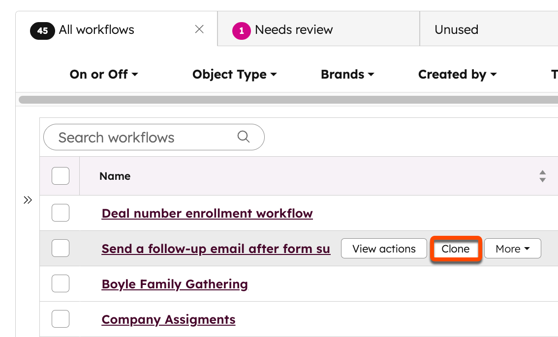 Clone and move workflow actions