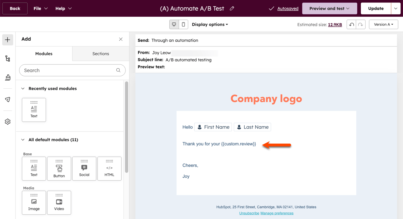 Use custom tokens in automated emails