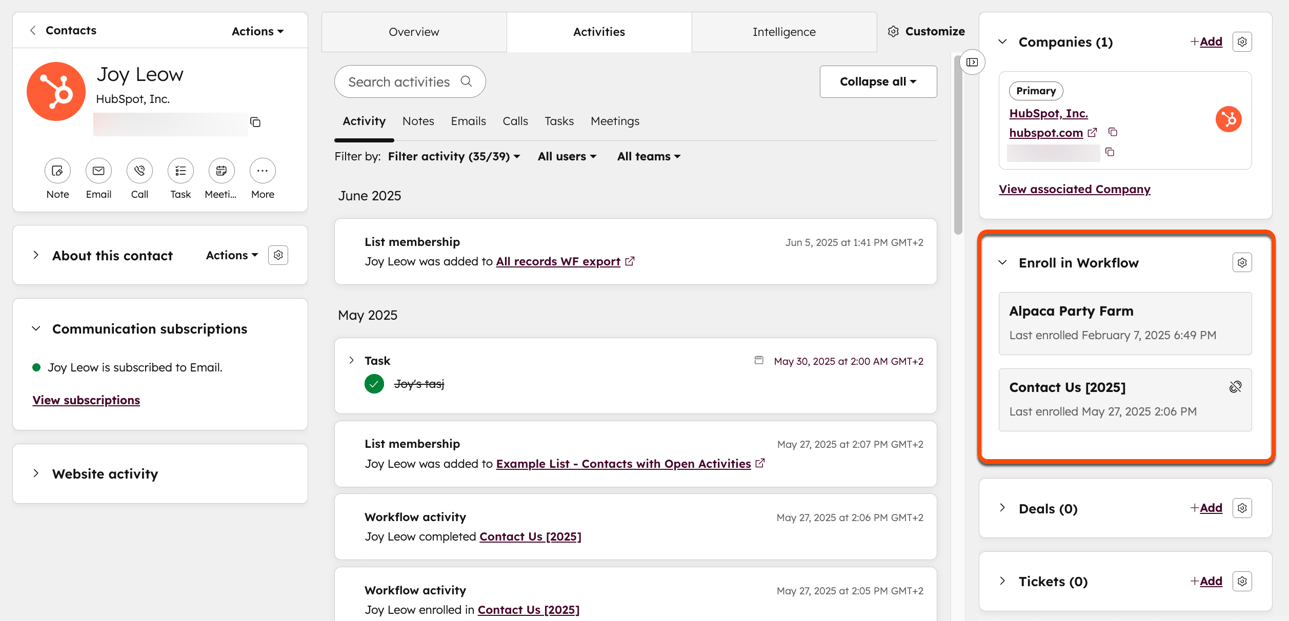 Enroll records in workflows using CRM cards