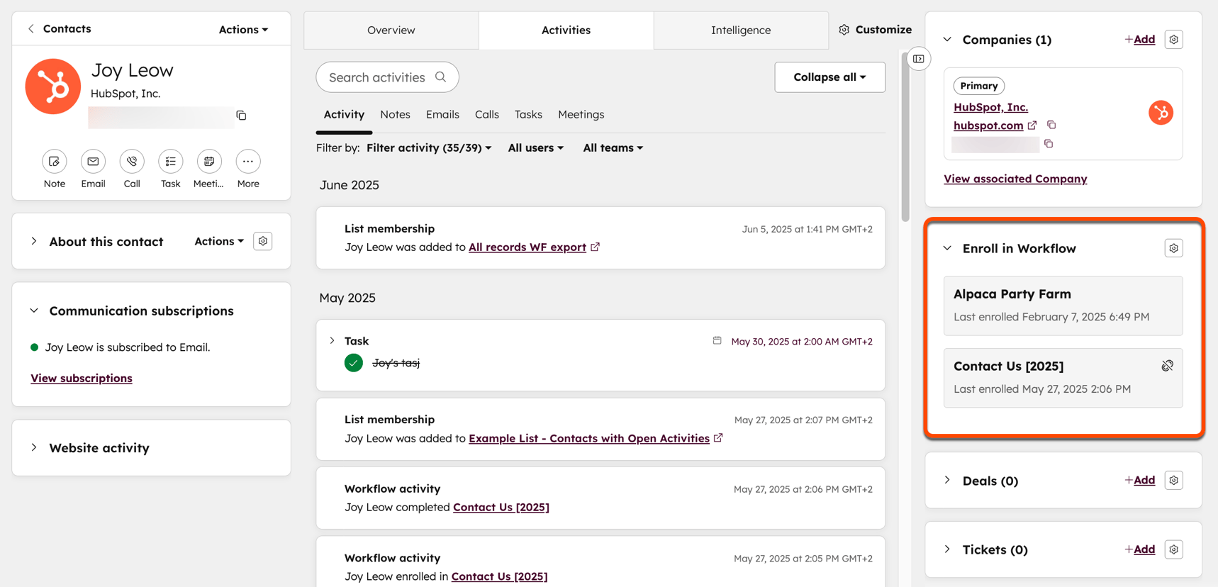 Enroll records in workflows using CRM cards