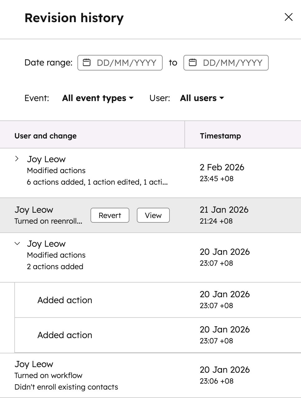 View and revert changes to your workflow