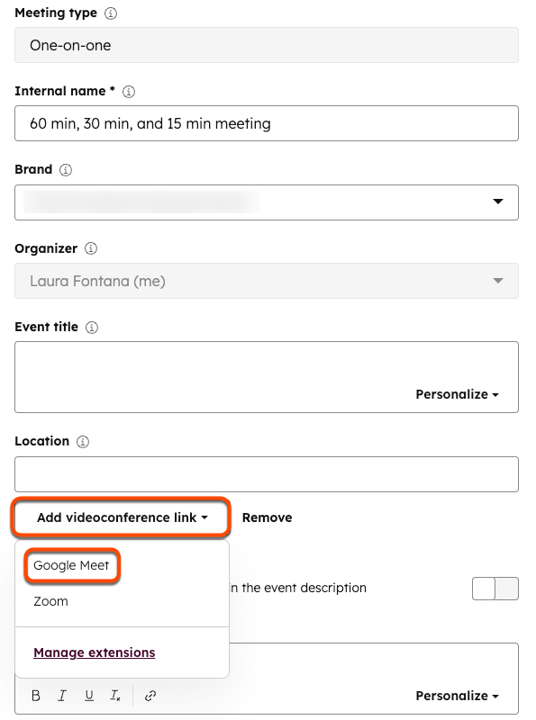 Use Google Meet with HubSpot meetings