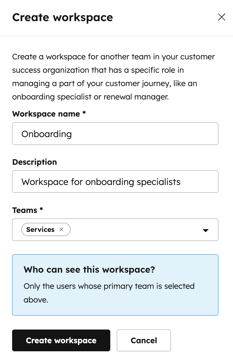 Configure customer success workspaces by team