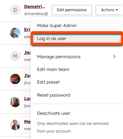 Log in as another HubSpot user