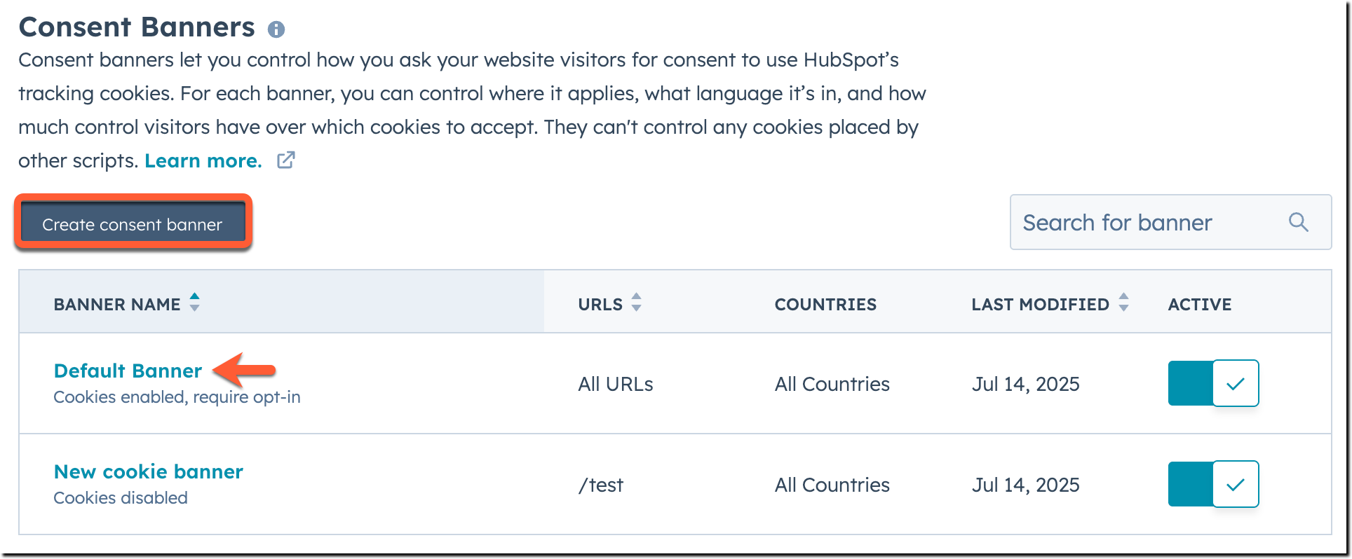 Set up cookie tracking settings and consent banners