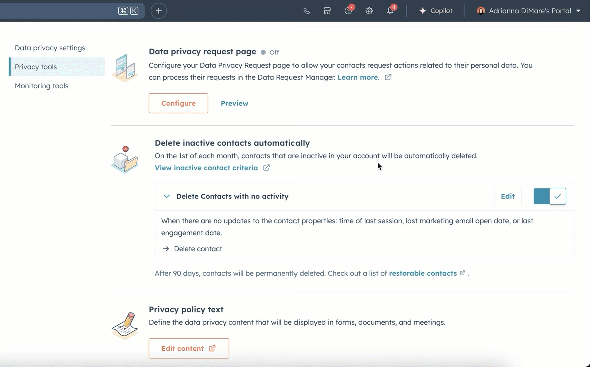 Manage data retention policy settings for inactive contacts