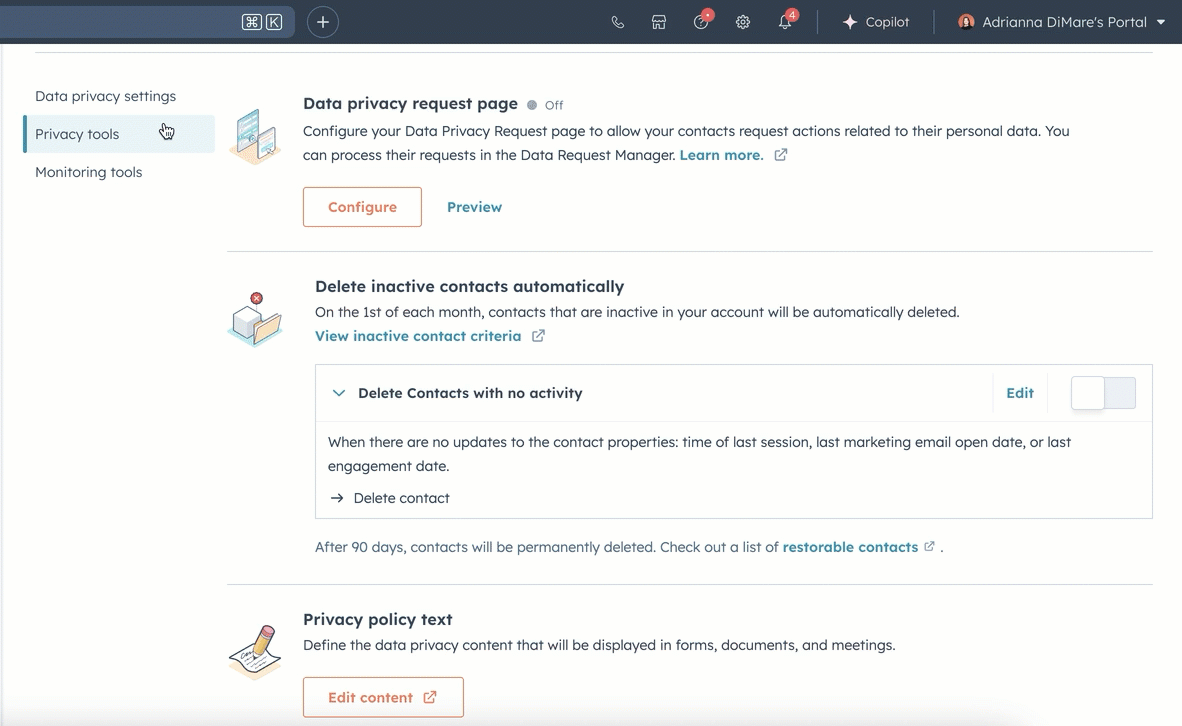 Manage data retention policy settings for inactive contacts