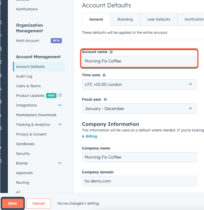 Update your account name and company information