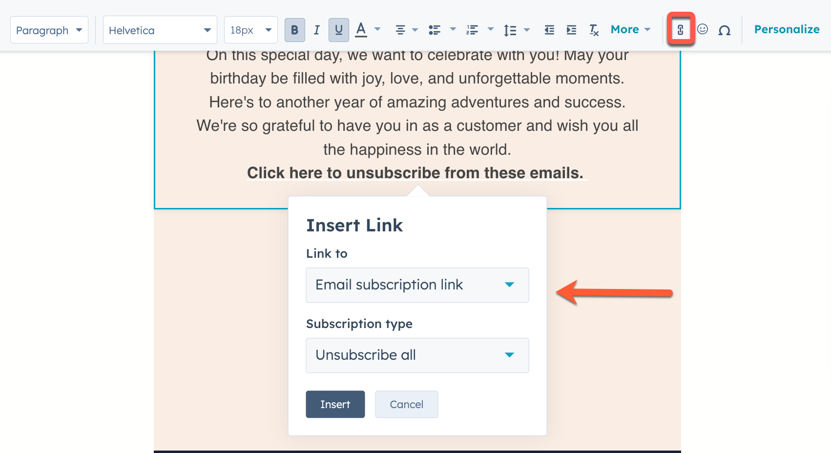 Insert subscription links into marketing emails