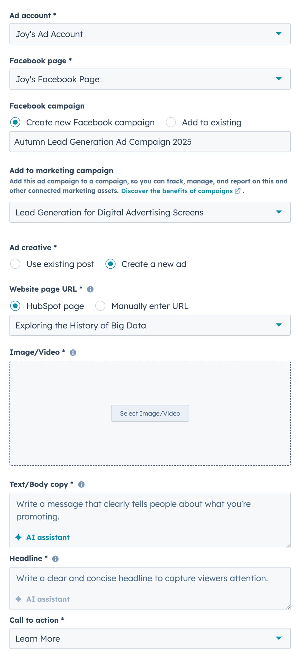 Create Facebook ad campaigns in HubSpot