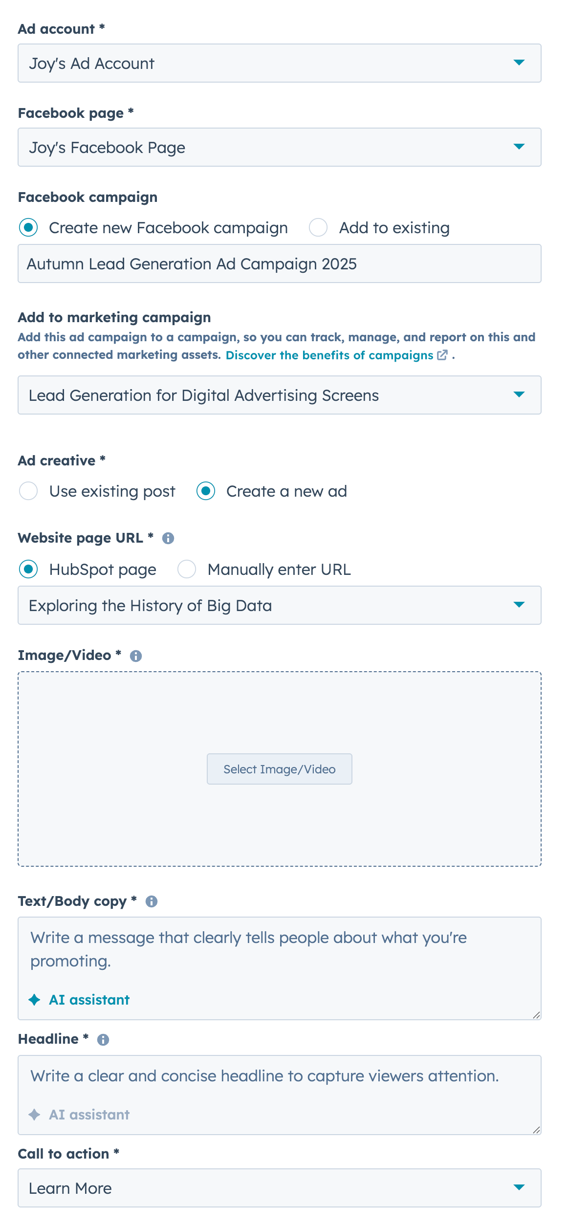 Create Facebook ad campaigns in HubSpot