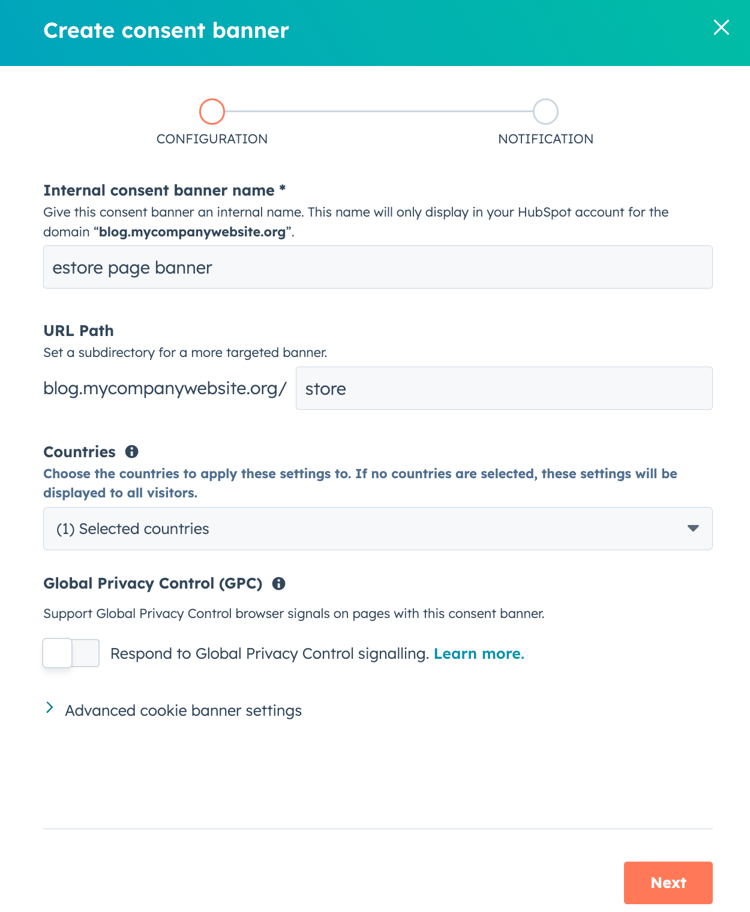 Set up cookie tracking settings and consent banners