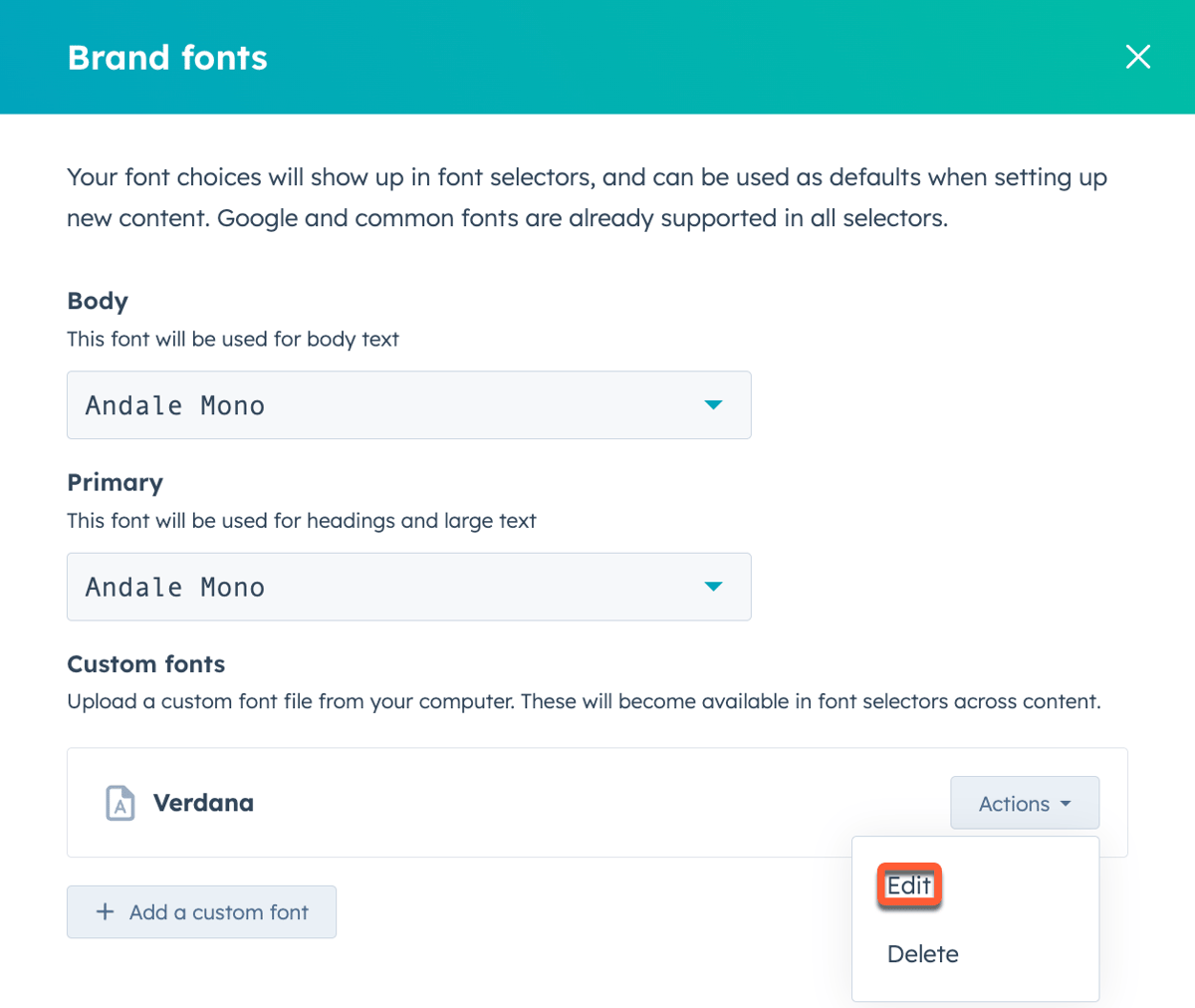 Edit your brand's logo, favicon, brand colors, fonts, and theme