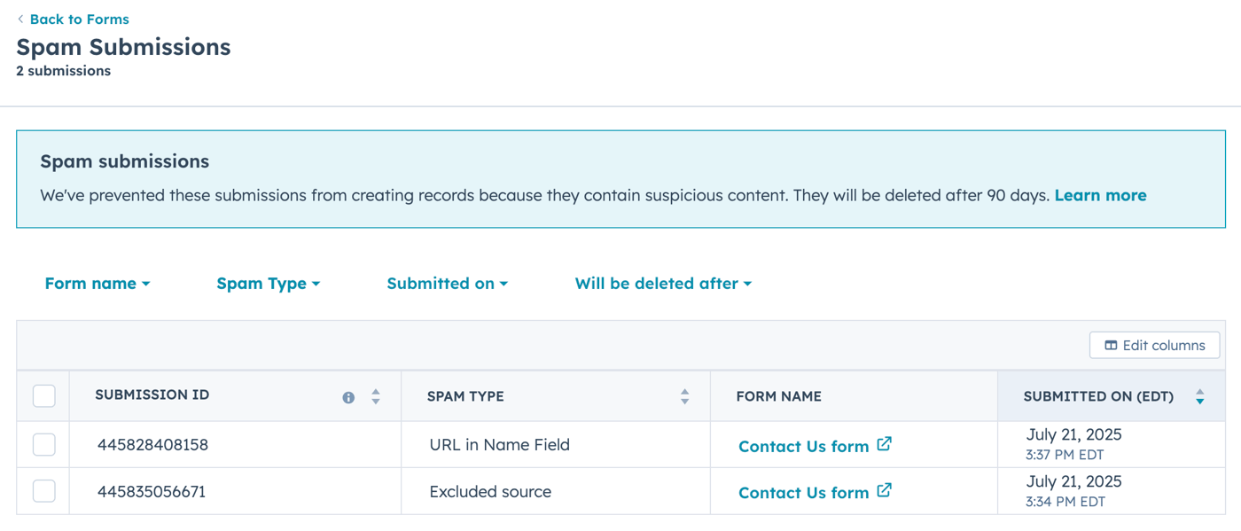 Manage form spam submissions