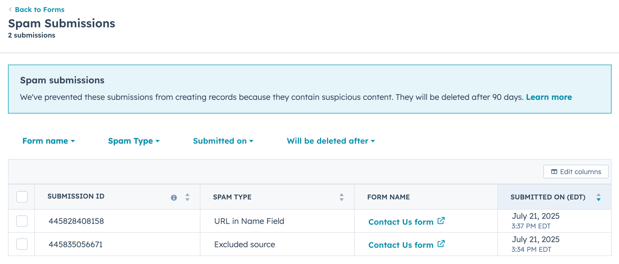 Manage form spam submissions