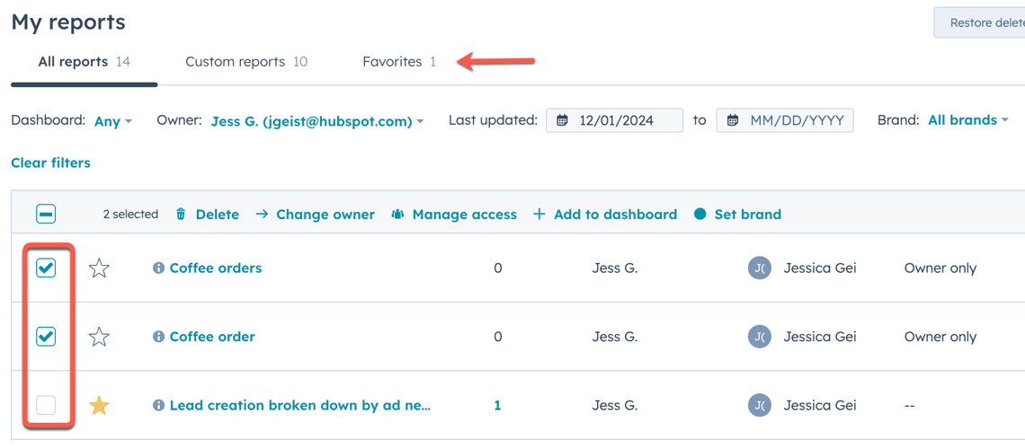 Manage reports in your reports list